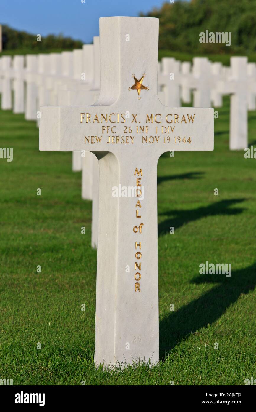 Grave of PFC Francis X. McGraw (1918-1944), recipient of the Medal of Honor, at Henri-Chapelle ...