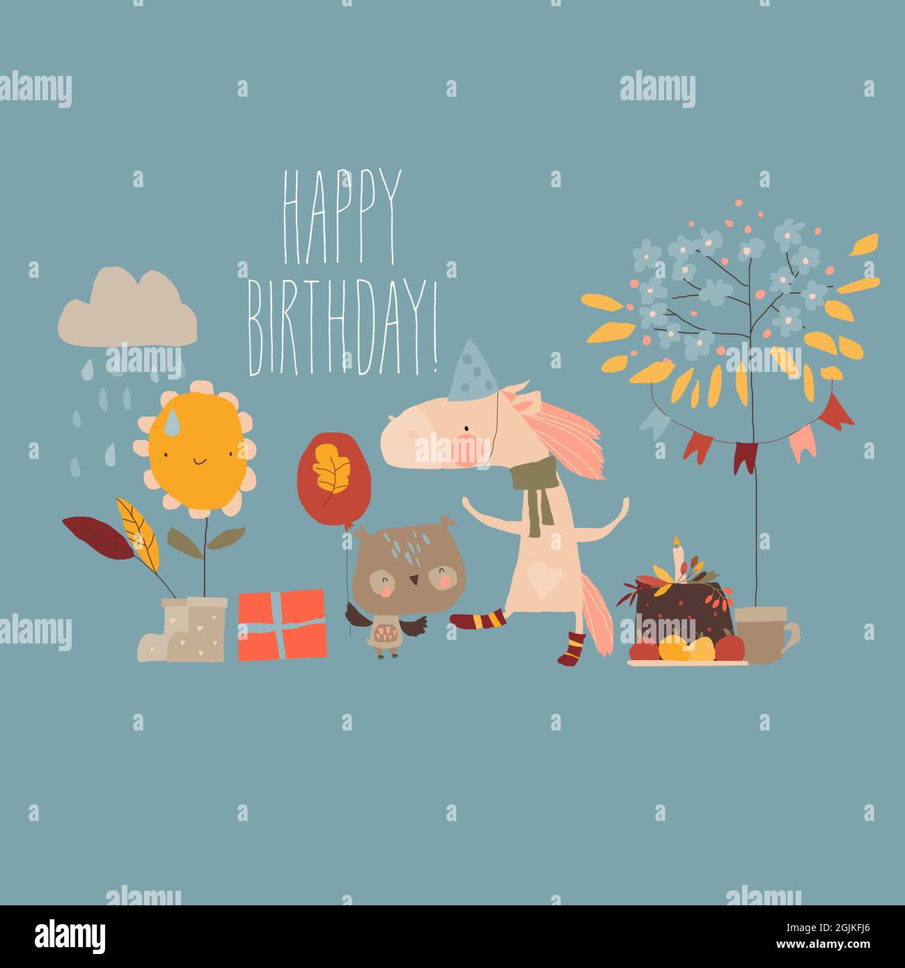 Happy Cartoon Friends Animals celebrating Autumn Birthday Stock Vector ...