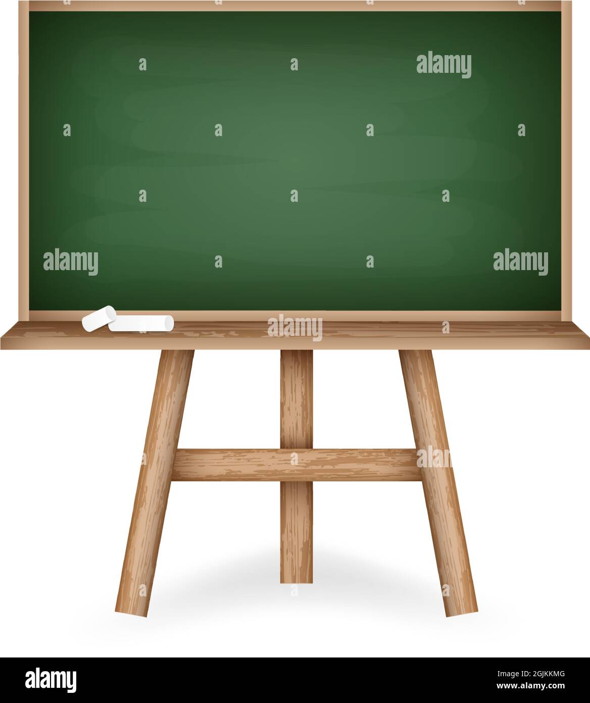 Realistic green chalkboard with wooden frame holder and pieces of chalk ...
