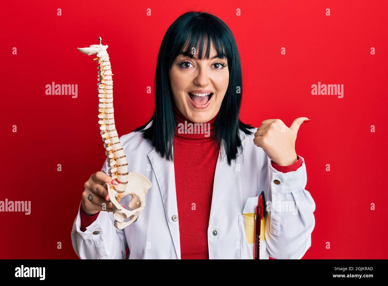 Young hispanic doctor woman holding anatomical model of spinal column ...