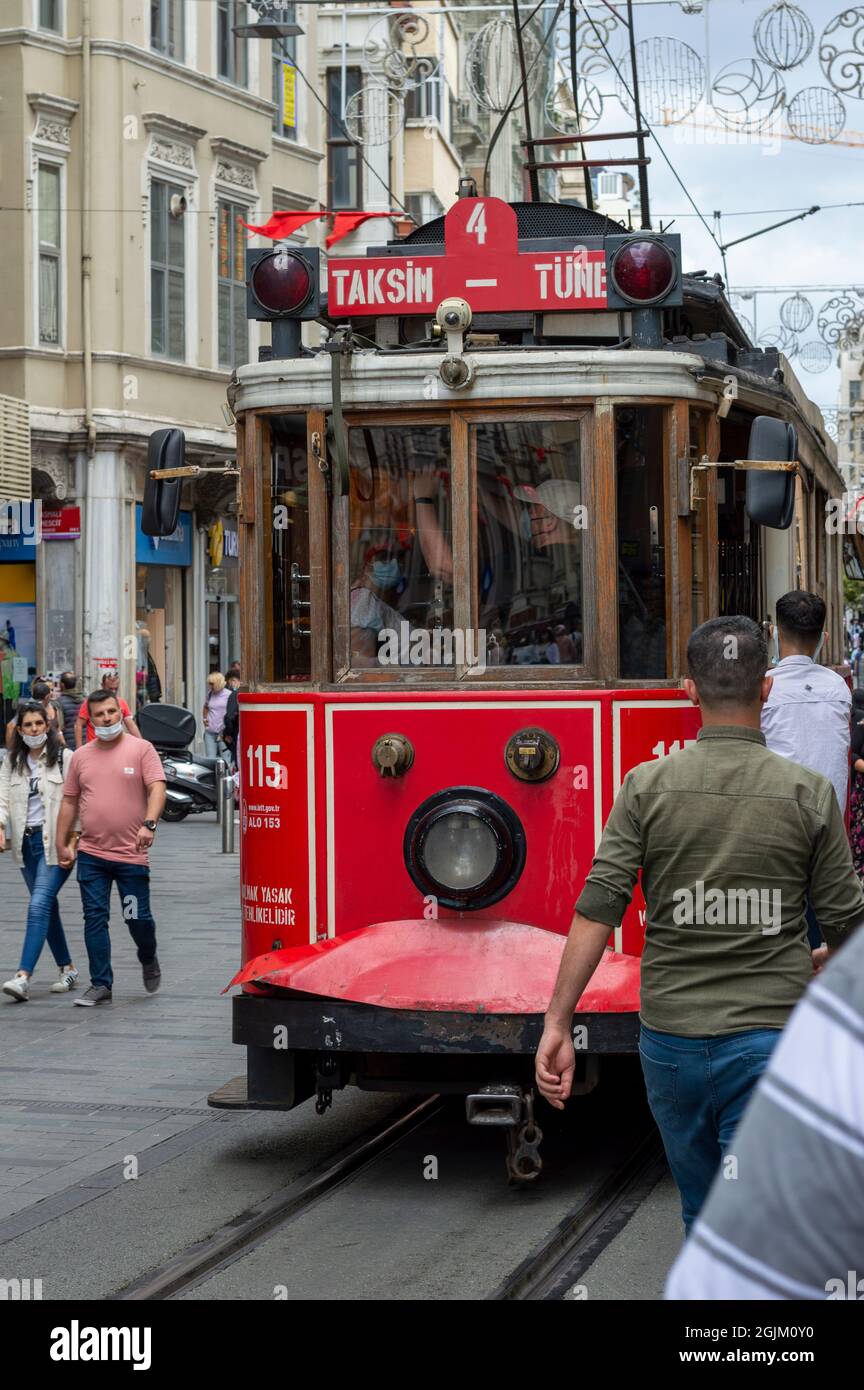 09 05 2021 Istanbul Turkey Tram line at famous Taksim Square Tarlabasi ...