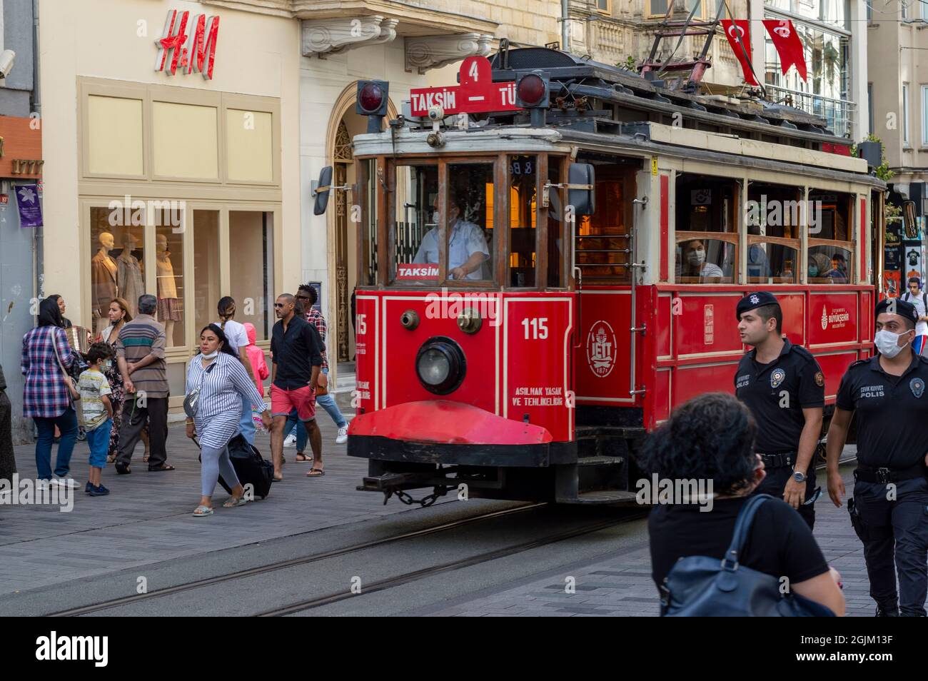 09 05 2021 Istanbul Turkey Tram line at famous Taksim Square Tarlabasi ...