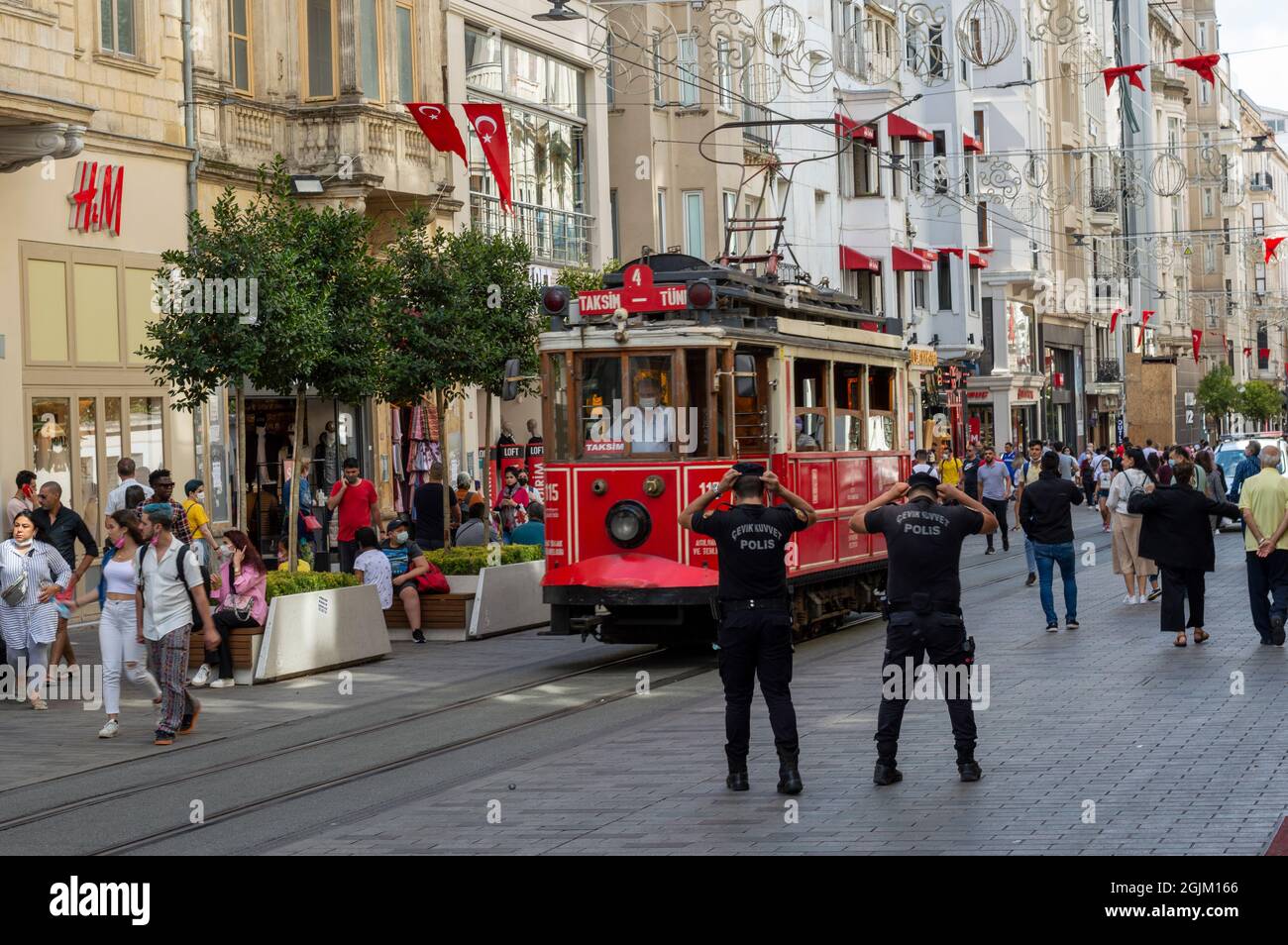 09 05 2021 Istanbul Turkey Tram line at famous Taksim Square Tarlabasi ...