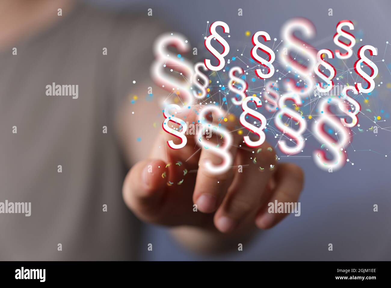 3d render of a Symbol of Law and Justice and a male hand on a blurry ...