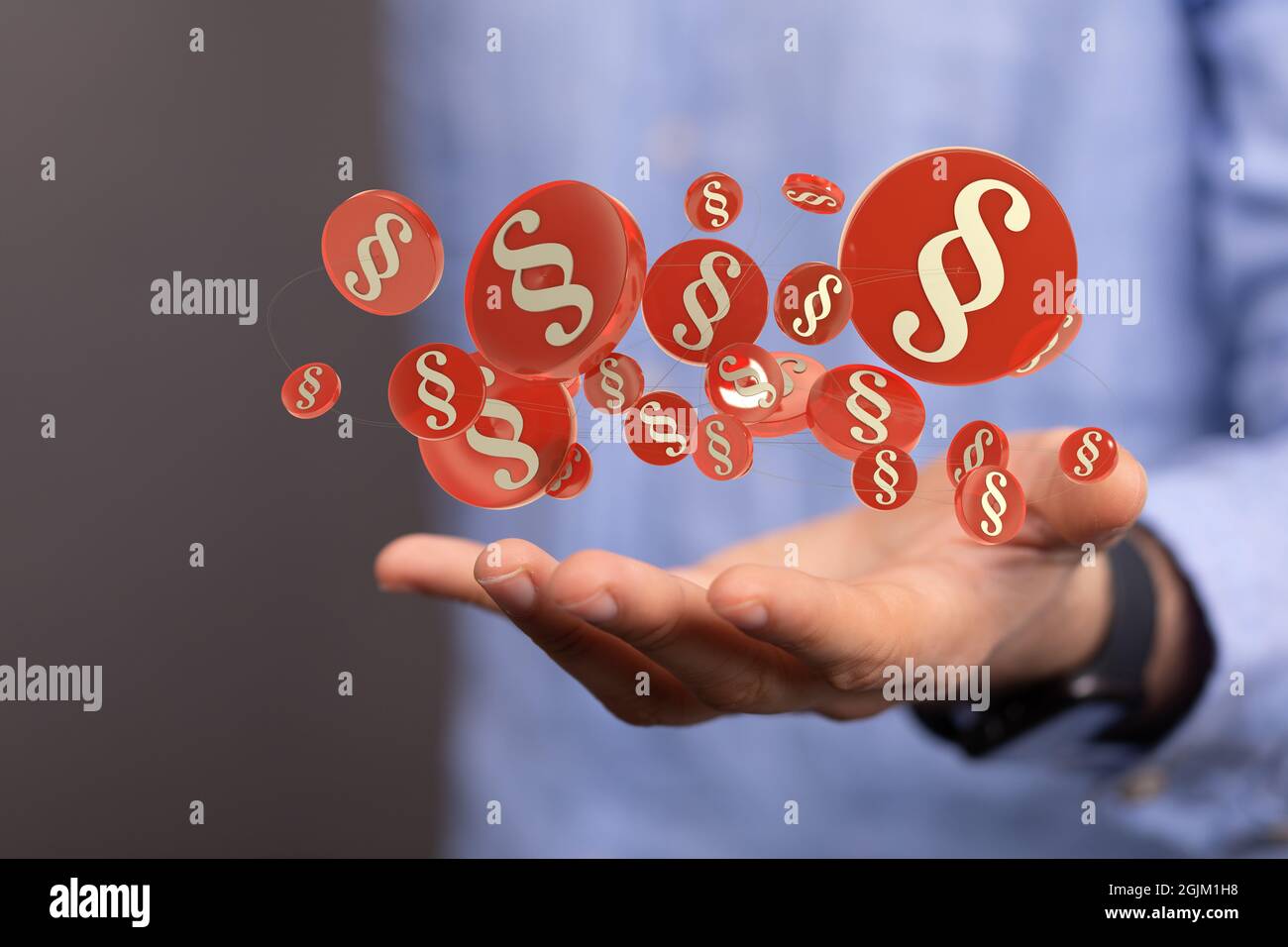 3d render of a Symbol of Law and Justice and a male hand on a blurry ...