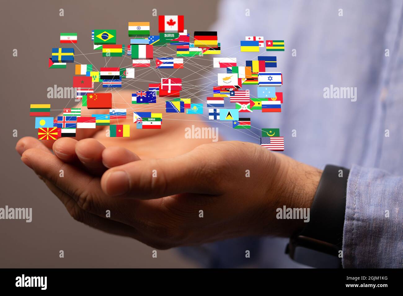 3d render of a male hand and flags of different countries Stock Photo ...