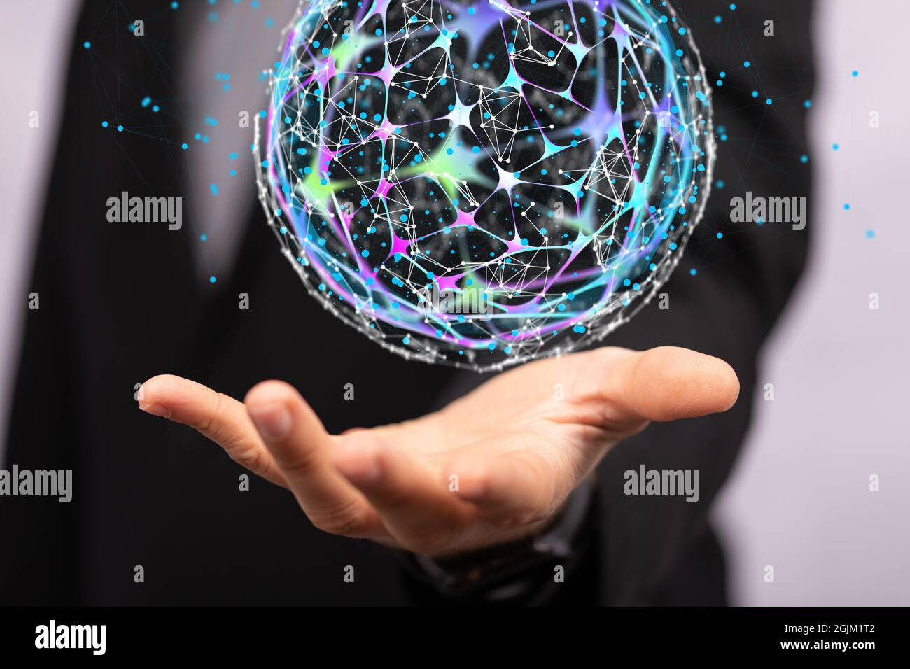 Closeup 3d modeling of a circular data network concept over a human ...