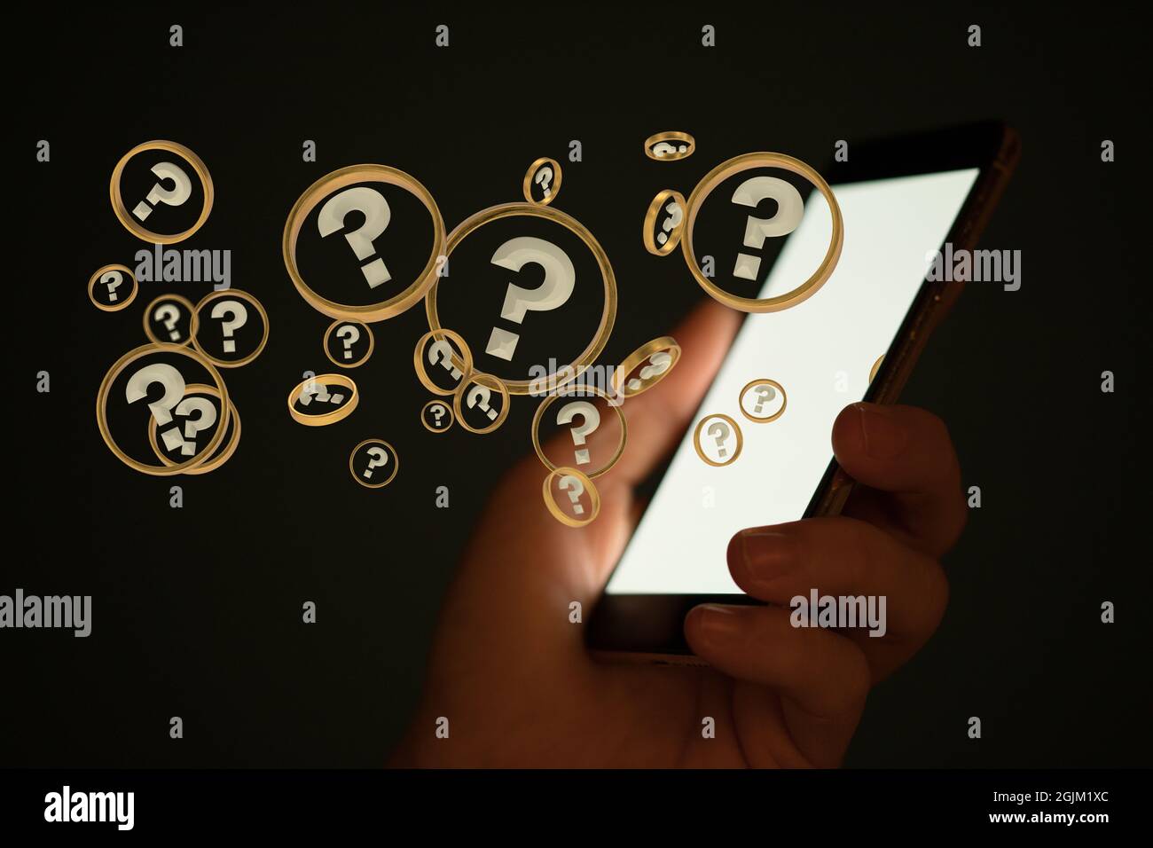 Closeup of a Businessman solving a problem with digital question marks 3D rendering Stock Photo ...