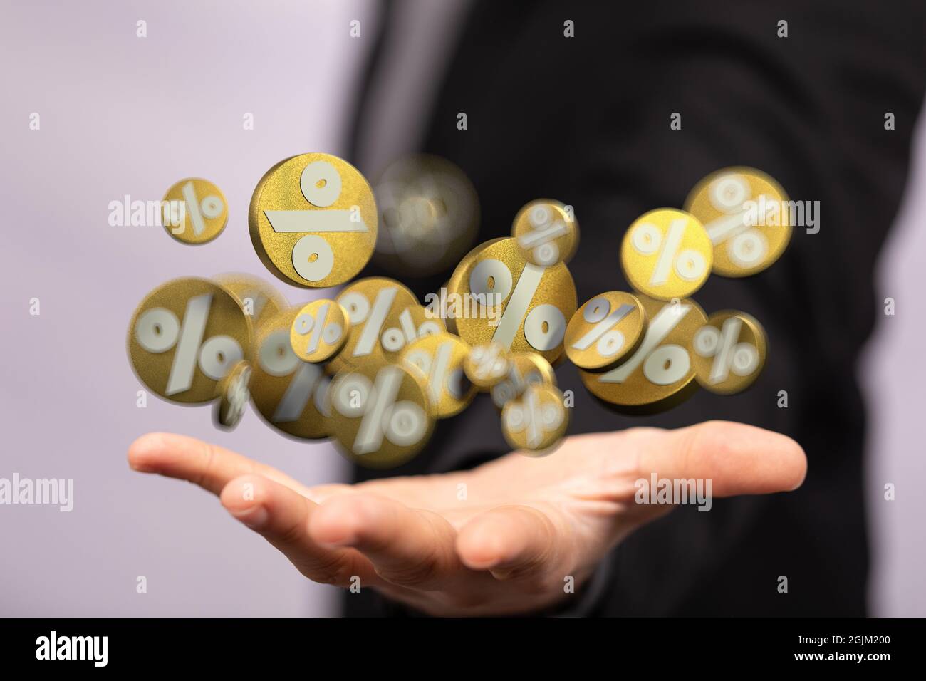 Closeup of a male hand and a Percent sign 3d symbol modern in hand ...