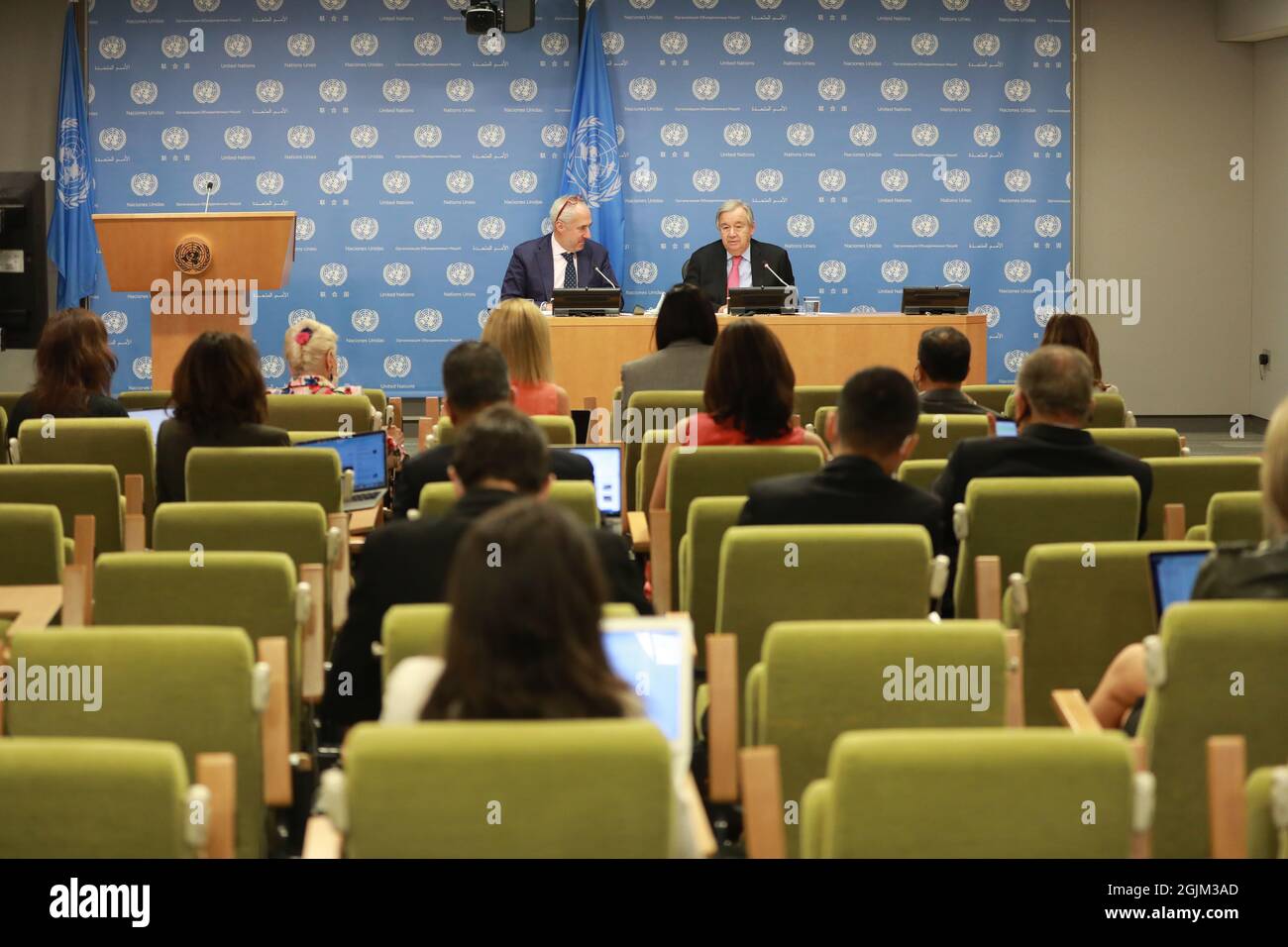 United Nations, Rear) speaks to reporters after launching Our Common ...