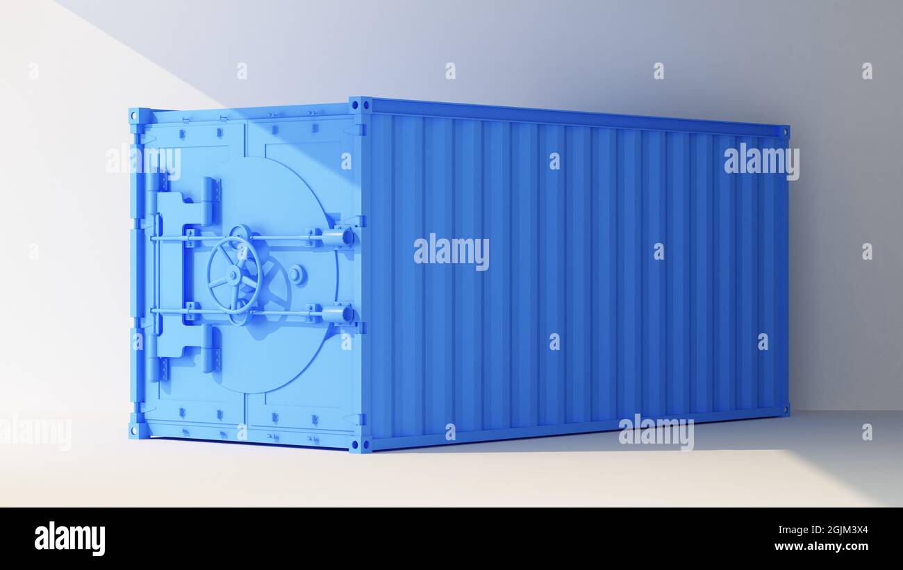 blue shipping container with safe door. 3d rendering Stock Photo - Alamy