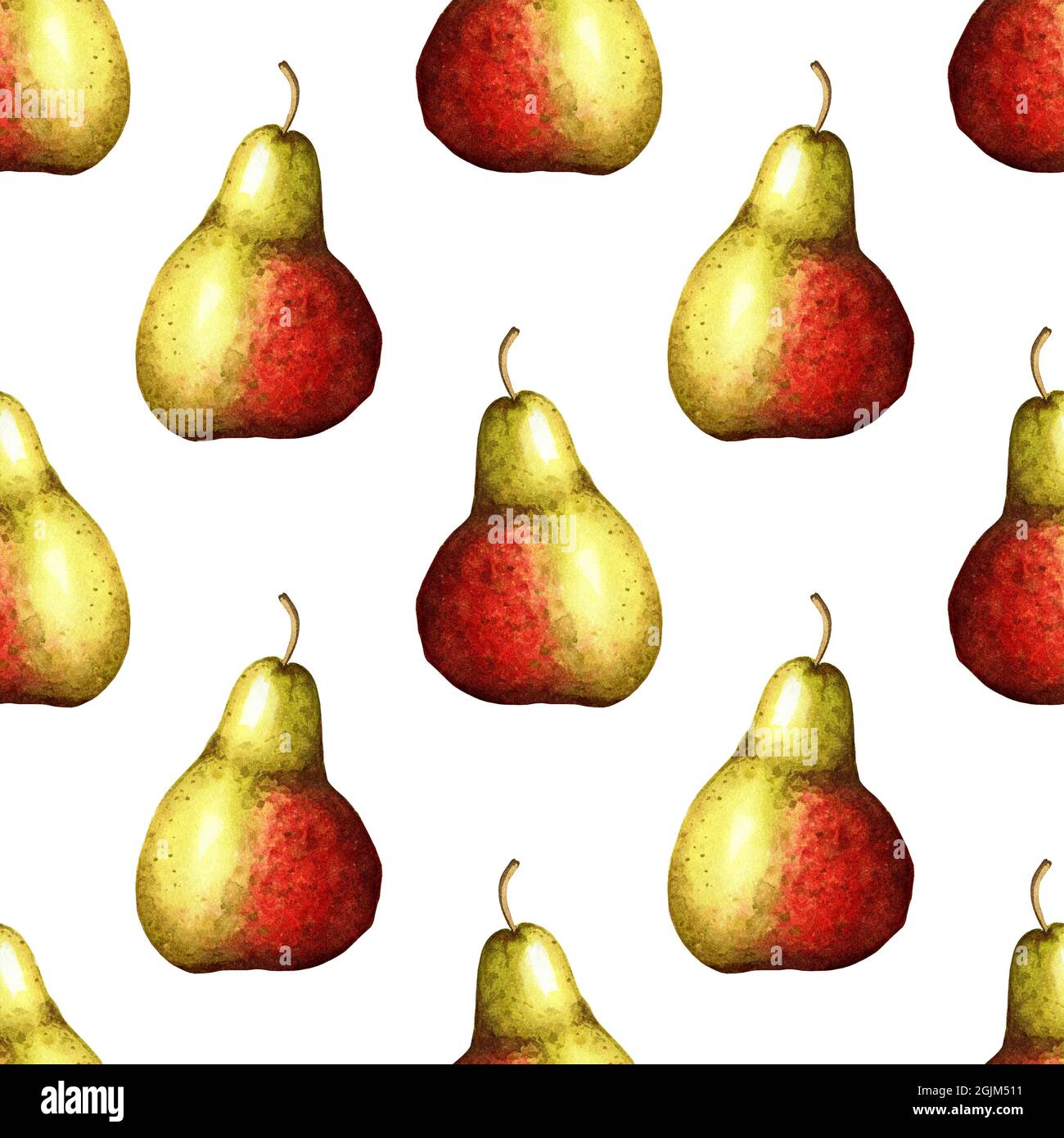 Watercolor illustration of red-green pear. Seamless repeating fruit ...