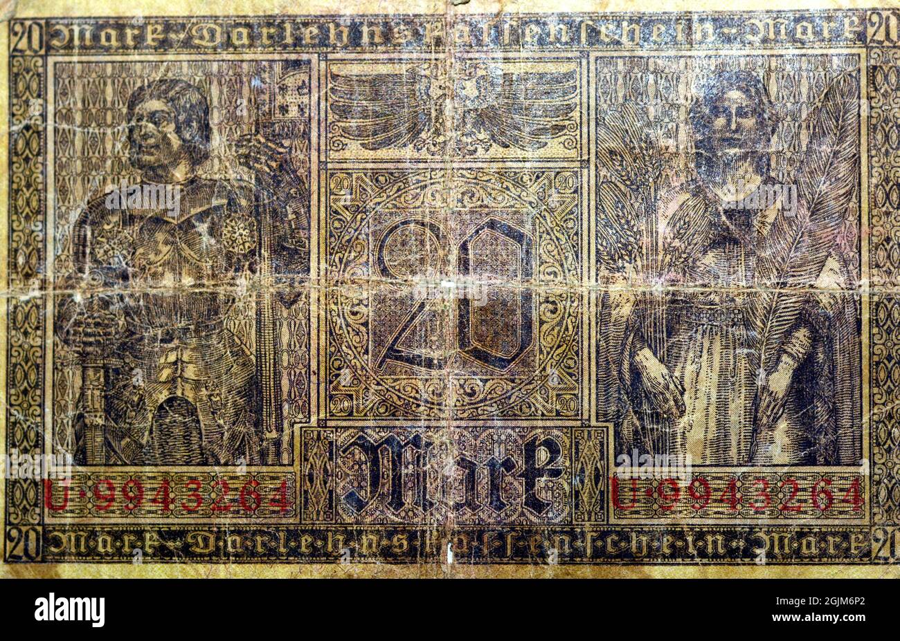 Large fragment of the reverse side of 20 twenty German marks banknote ...