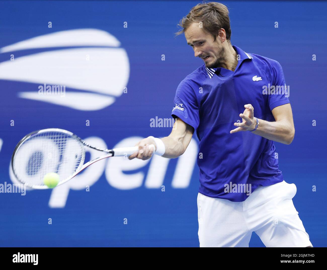 Flushing Meadow, USA. 10th Sep, 2021. Daniil Medvedev of Russia hits a forehand in his semi ...
