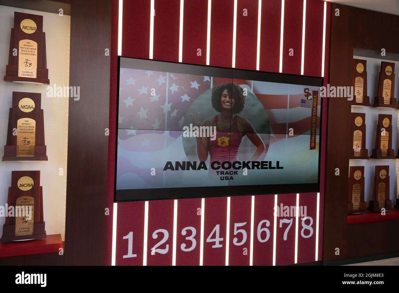 An image of Anna Cockrell is seen on a video screen during a ceremony ...
