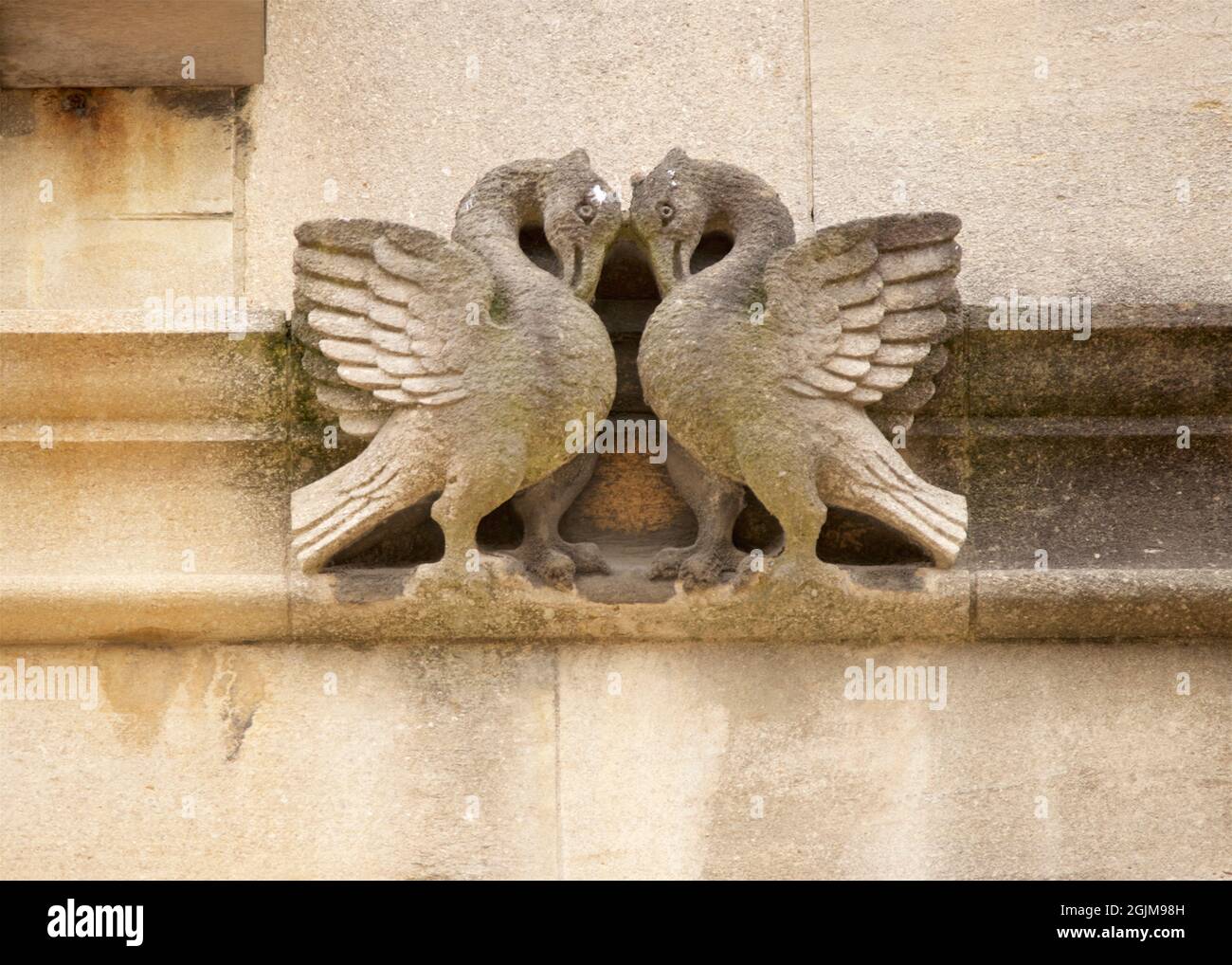 Stone carved decoration. Gargoyle of two birds facing each other on ...