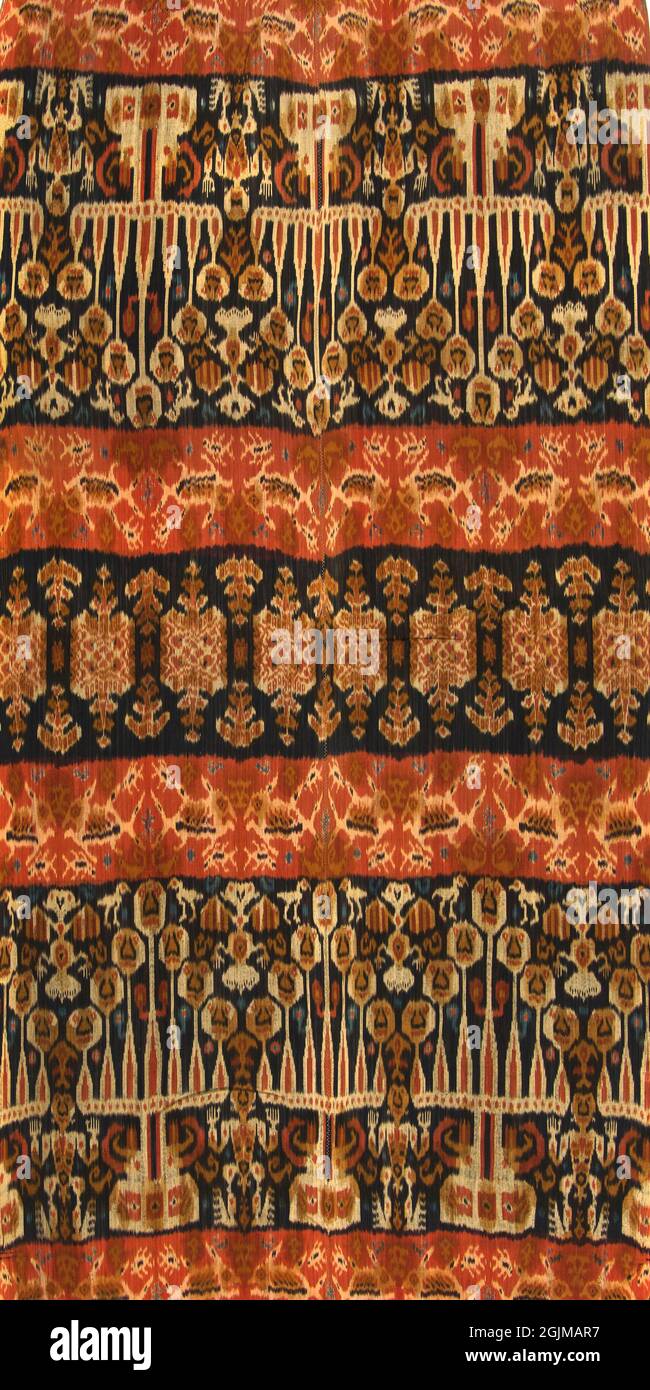 Detail of a hinggi textile shoulder cloth. Warp ikat decorated, Sumba ...