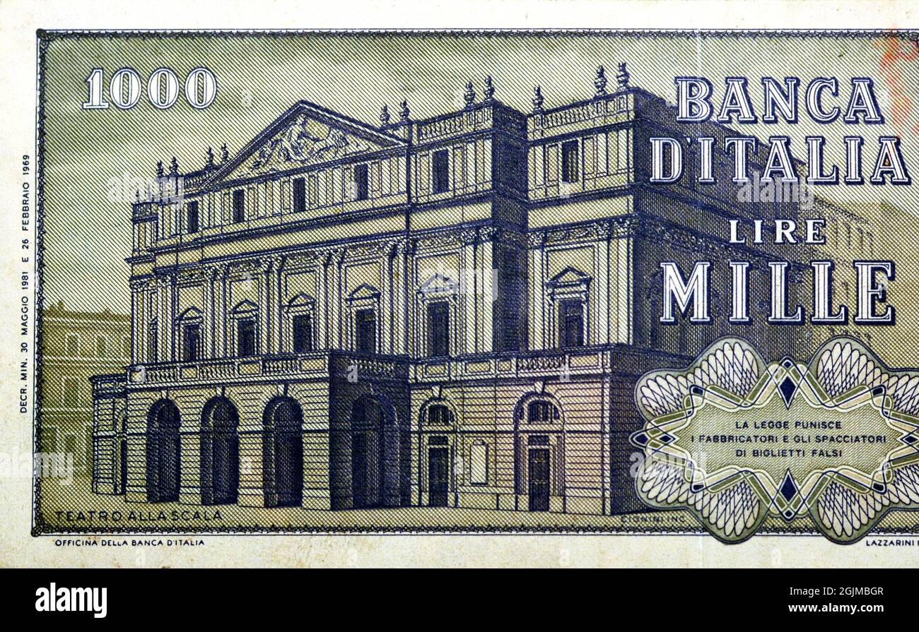 Reverse side of 1000 one thousand Italian lire lira banknote currency ...