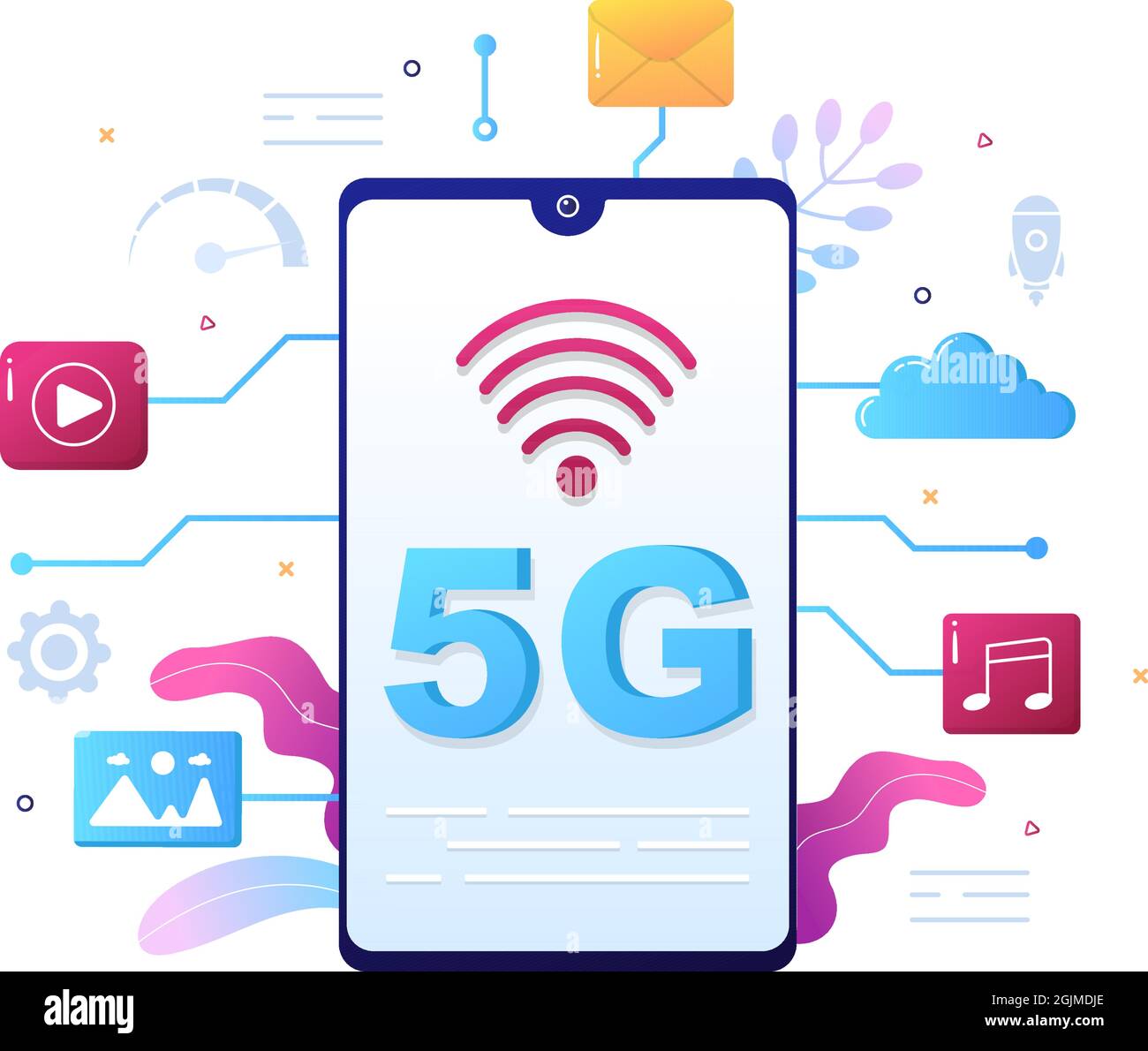 5G Network Wireless Technology Smartphone with Transmitter Tower Set Up ...