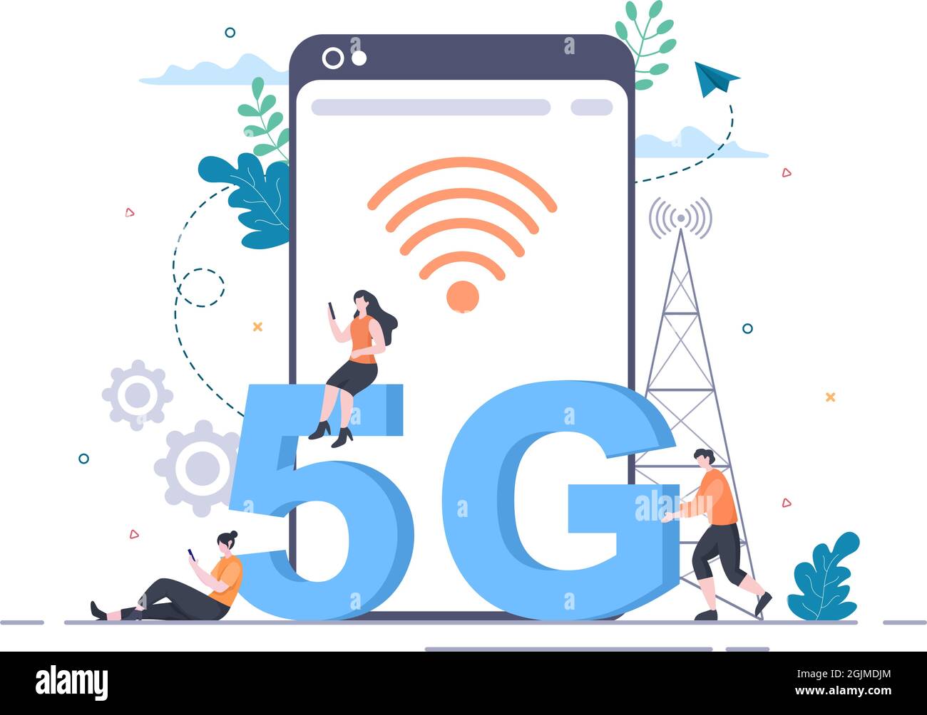 5G Network Wireless Technology Smartphone with Transmitter Tower Set Up High-Speed Mobile ...