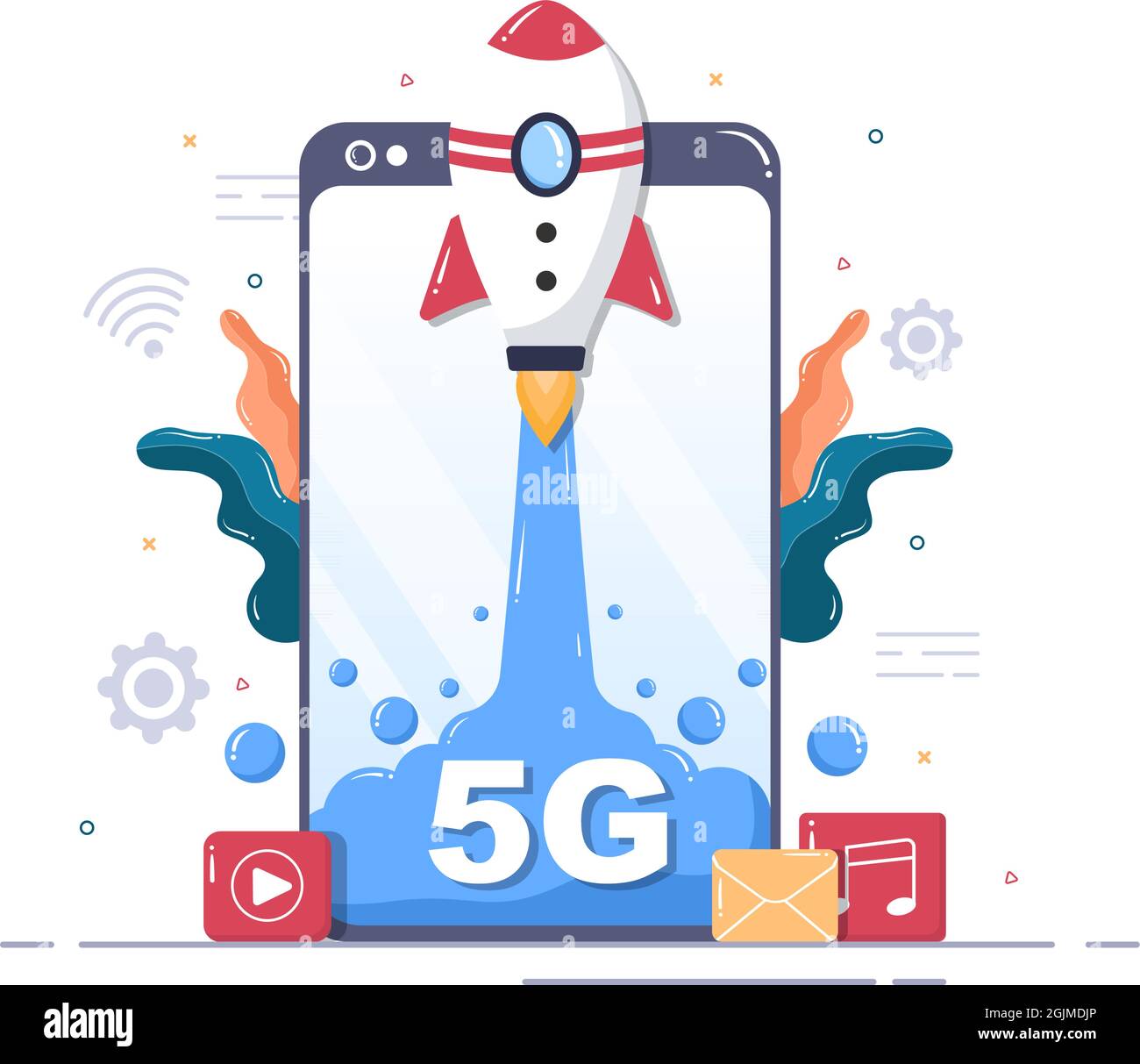 5G Network Wireless Technology Smartphone with Transmitter Tower Set Up ...