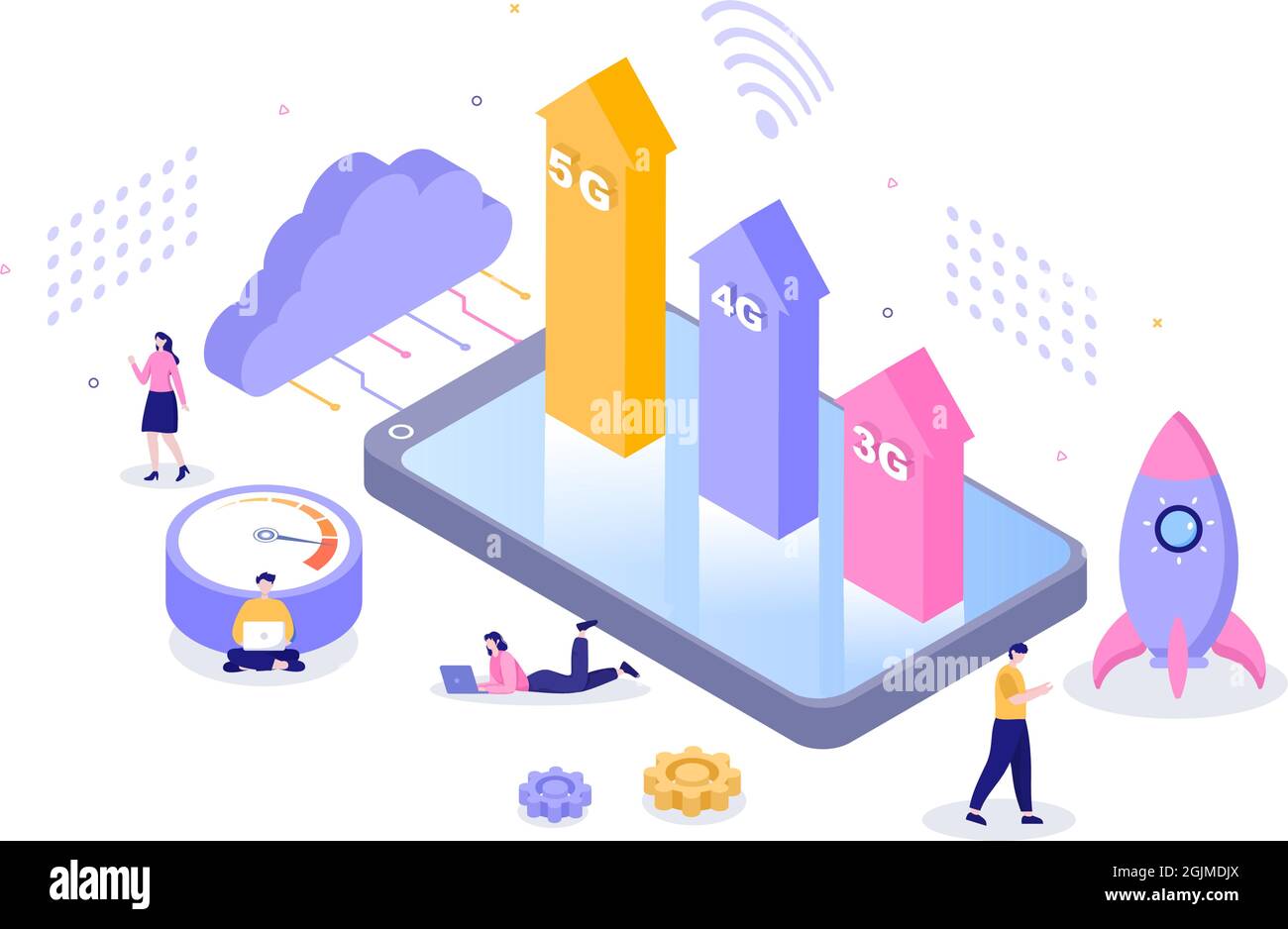 5G Network Wireless Technology Smartphone with Transmitter Tower Set Up ...