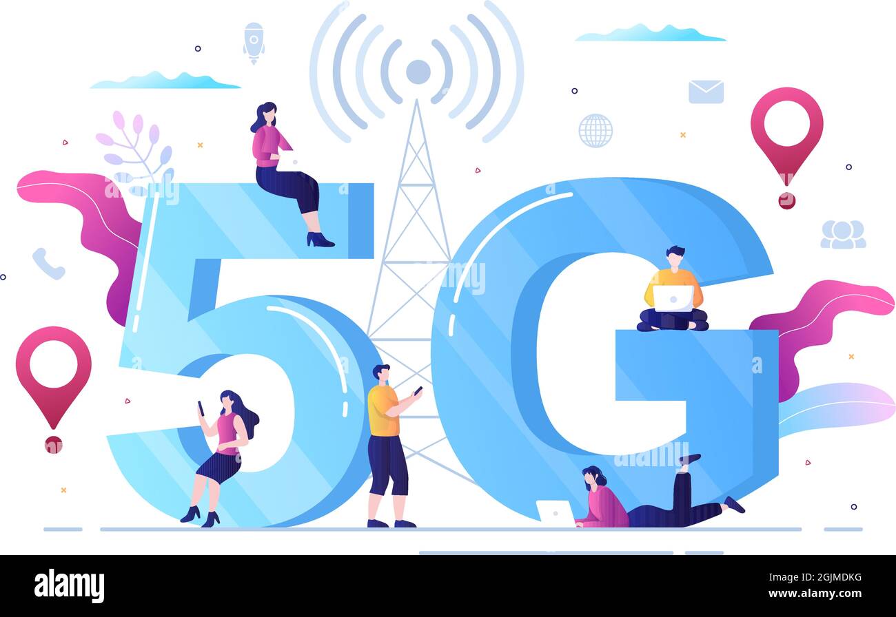 5G Network Wireless Technology Smartphone with Transmitter Tower Set Up High-Speed Mobile ...