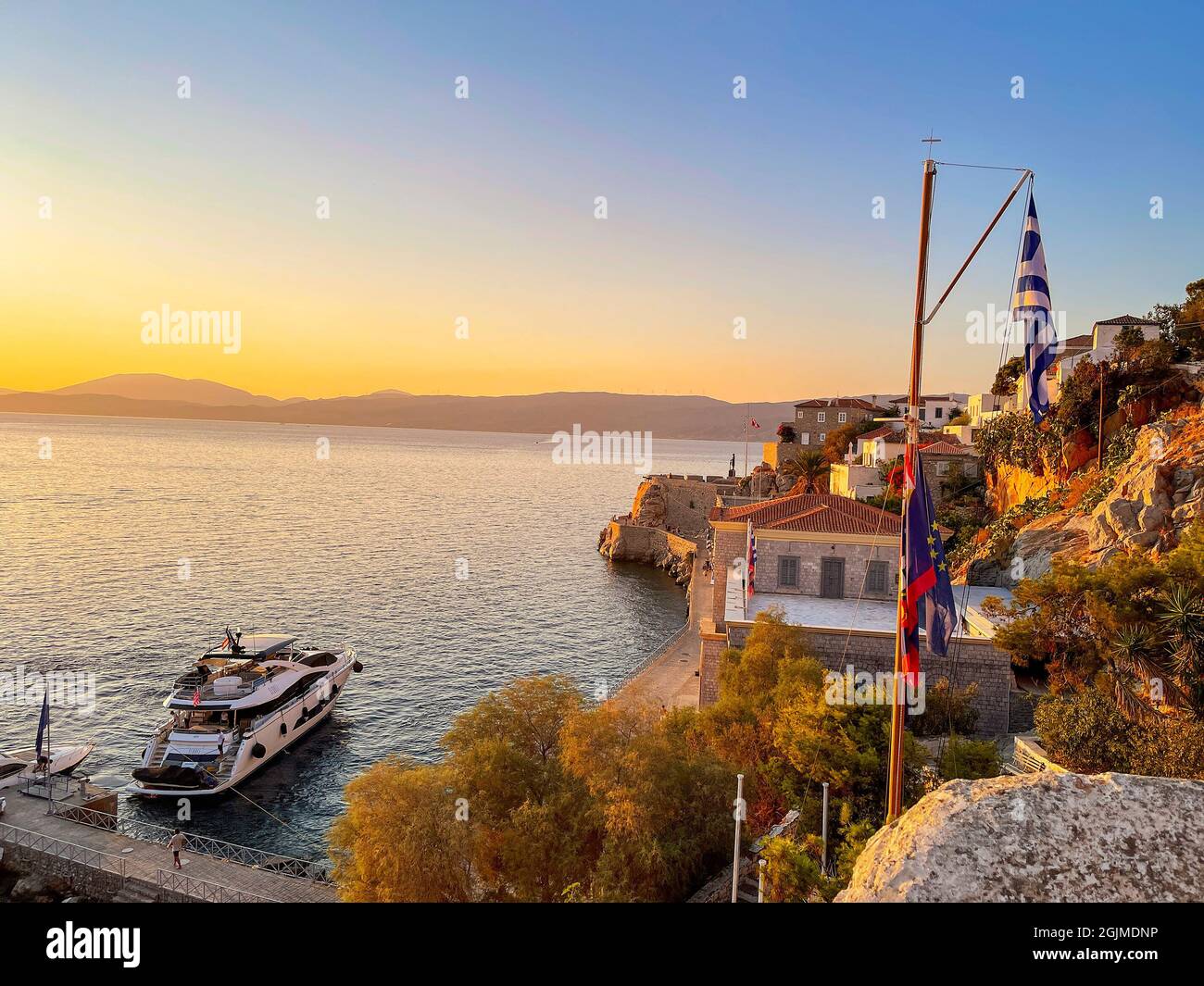 Beautiful sunset colors from the picturesque Hydra island in Greece ...