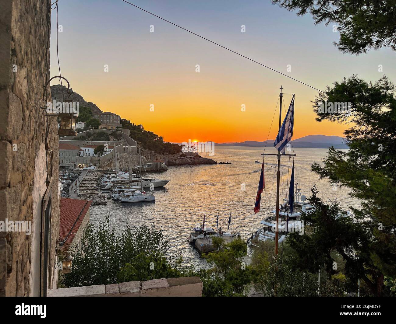 Beautiful sunset colors from the picturesque Hydra island in Greece ...