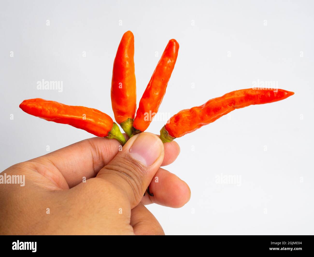 Close up shoot of red hot chillies, captured on a white background ...
