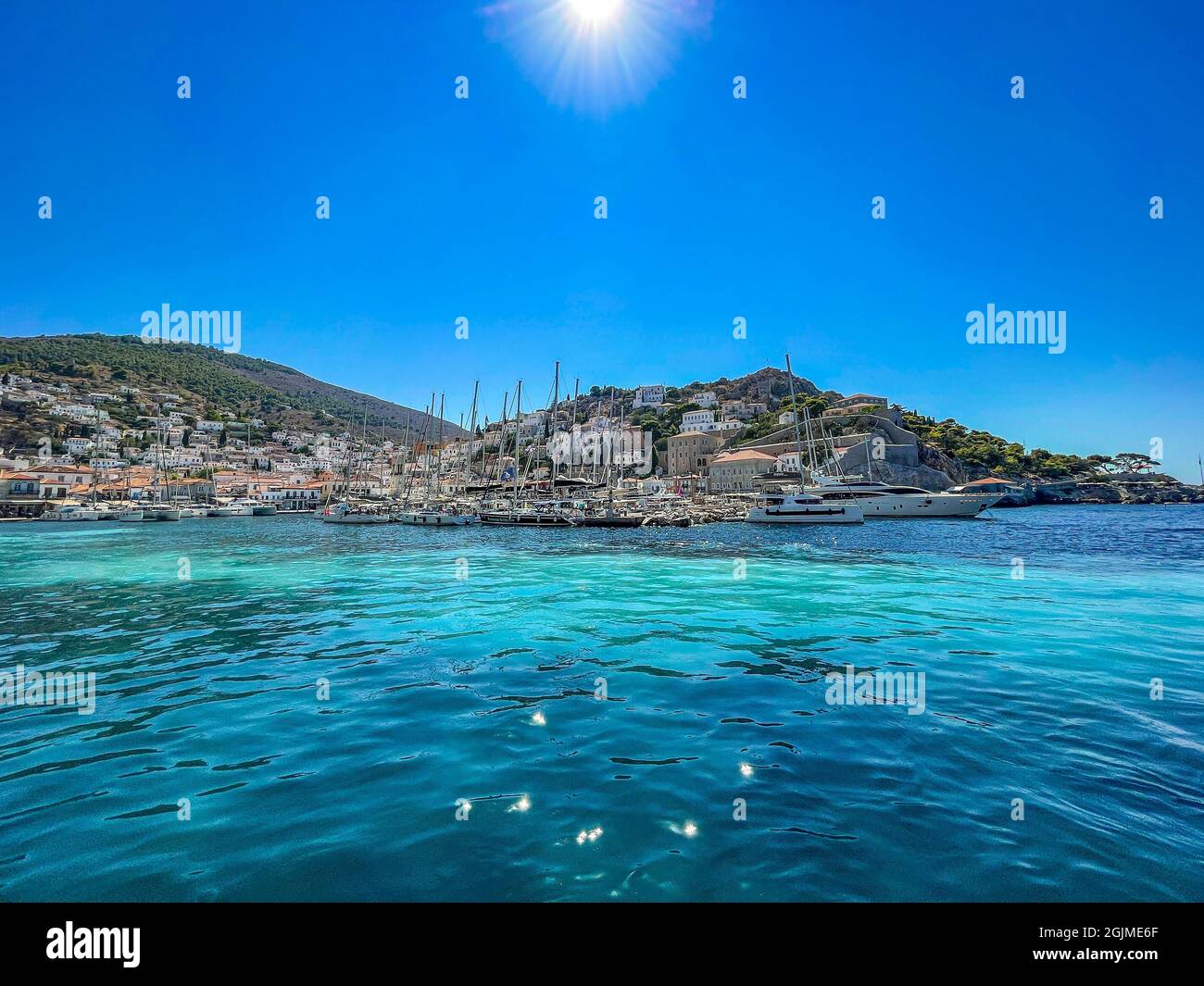 View from the picturesque port of Hydra island. The harbor or port as ...