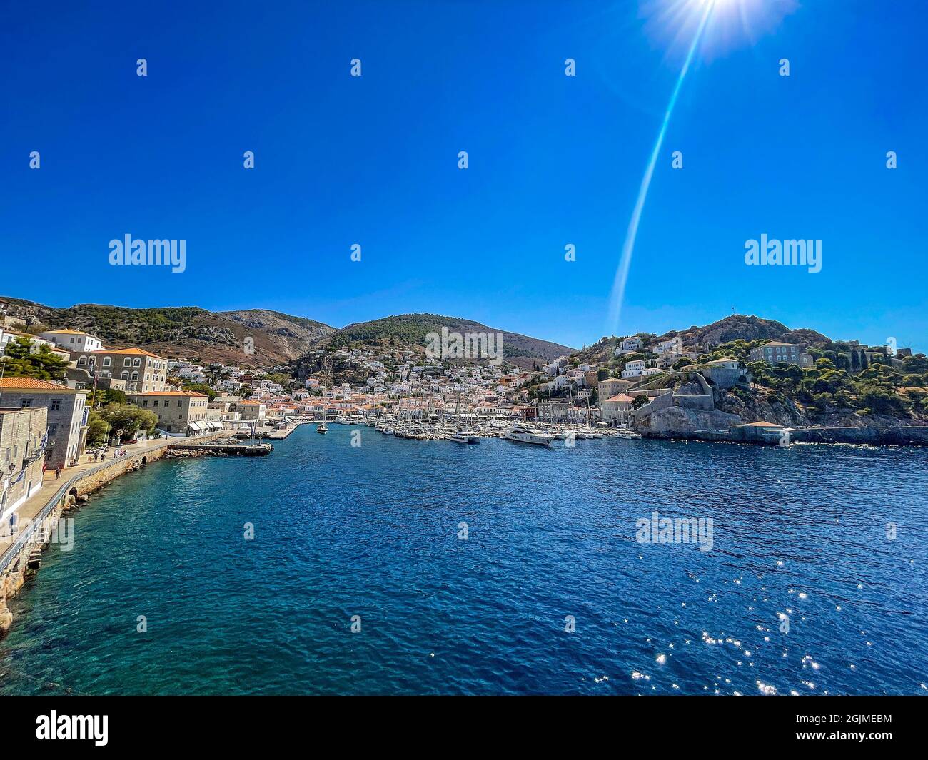 View from the picturesque port of Hydra island. The harbor or port as ...