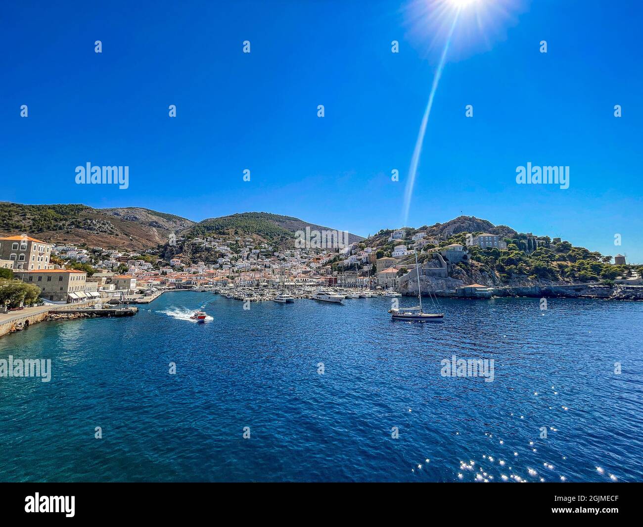 View from the picturesque port of Hydra island. The harbor or port as ...