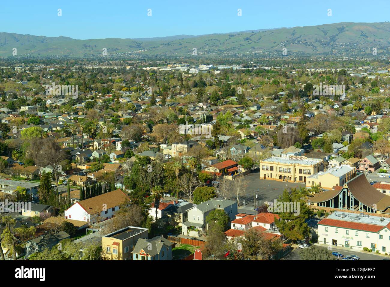 Aerial view of San Jose historic city center and residential area ...
