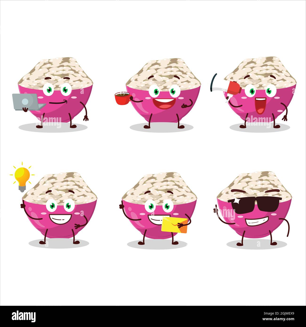 Basmati rice cartoon character with various types of business emoticons ...