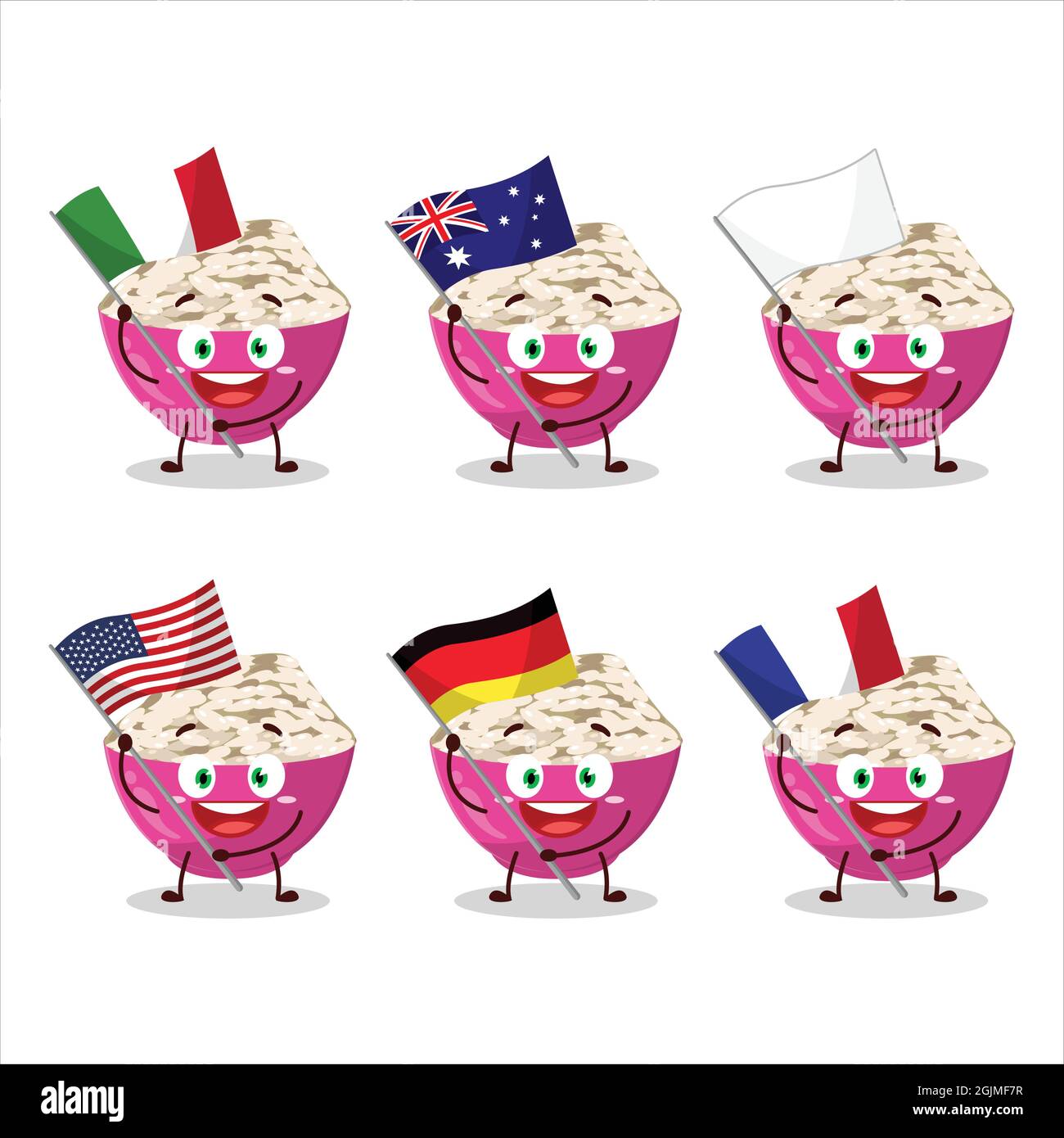 Basmati rice cartoon character bring the flags of various countries ...
