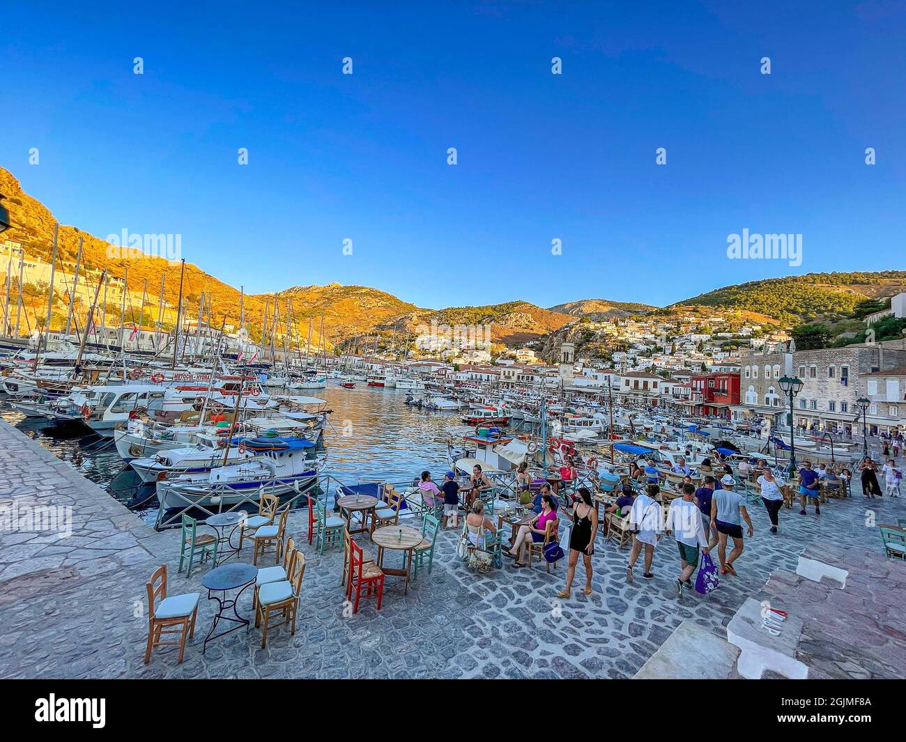 View from the picturesque port of Hydra island. The harbor or port as ...