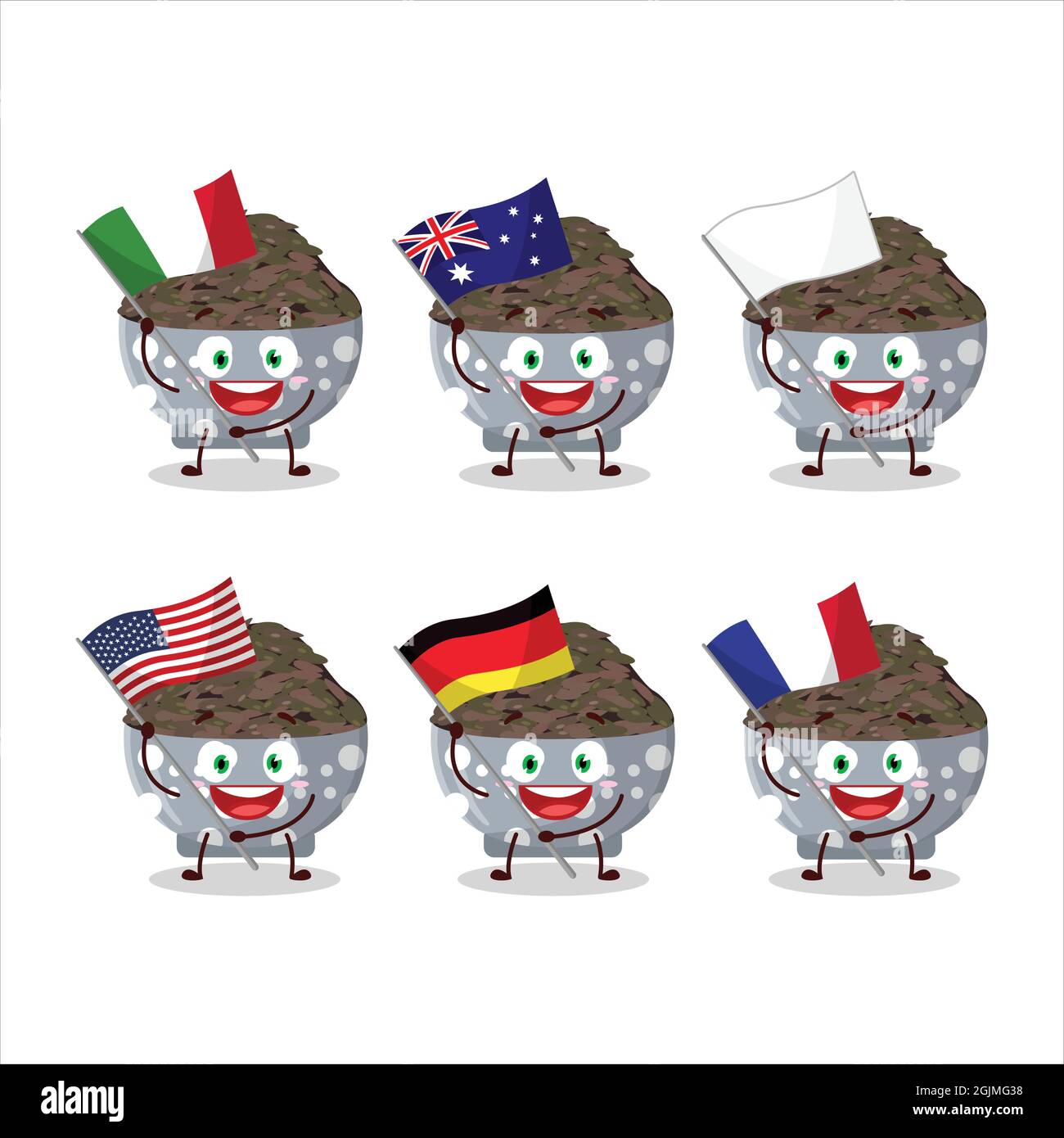 Dark wild rice cartoon character bring the flags of various countries ...
