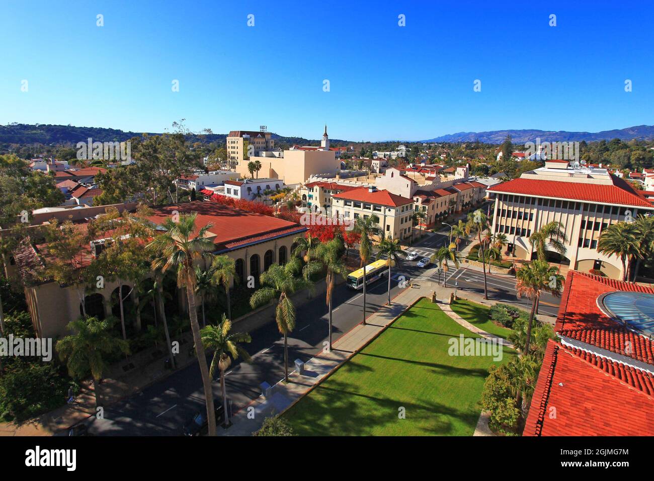 Aerial view of Santa Barbara historic city center with Santa Ynez ...
