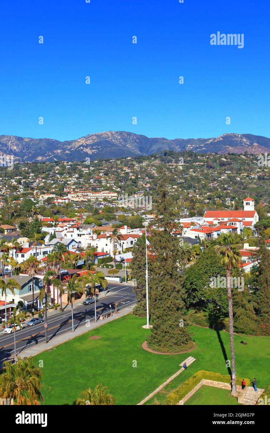 Aerial view of Santa Barbara historic city center with Santa Ynez ...