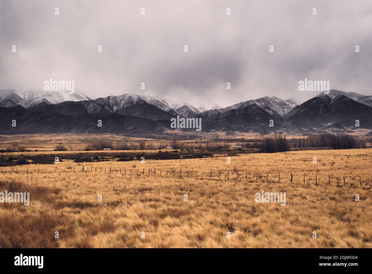 Snowy Andes Mountains looming over vast dry grasslands in Tupungato ...