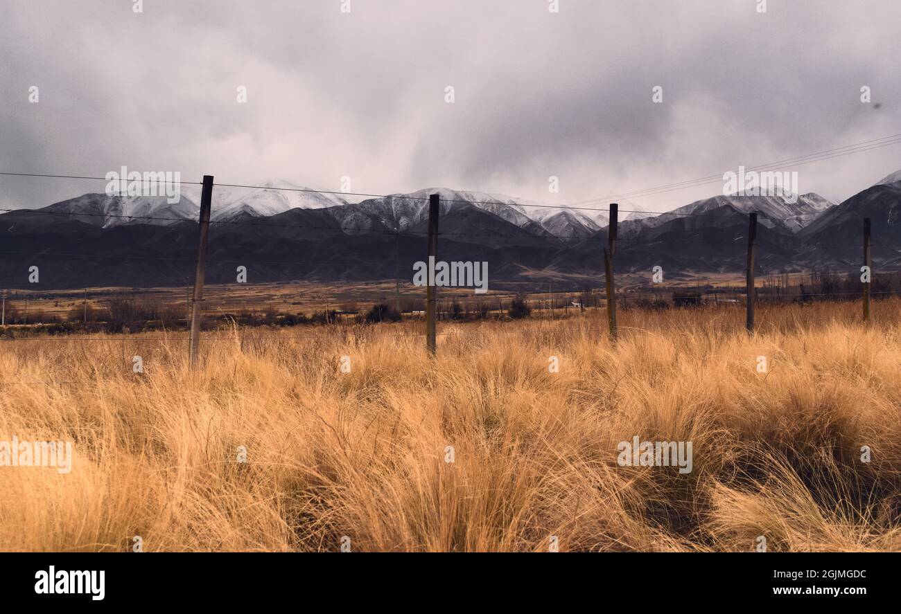 Snowy Andes Mountains looming over vast dry grasslands in Tupungato ...