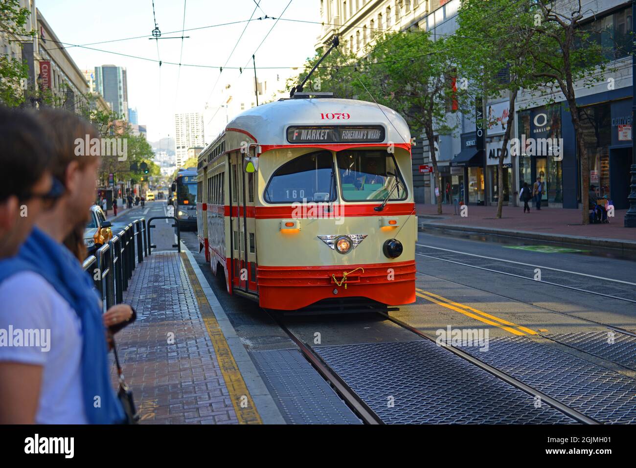 F-line Antique PCC streetcar No.1079 Detroit Michigan on Embarcadero ...