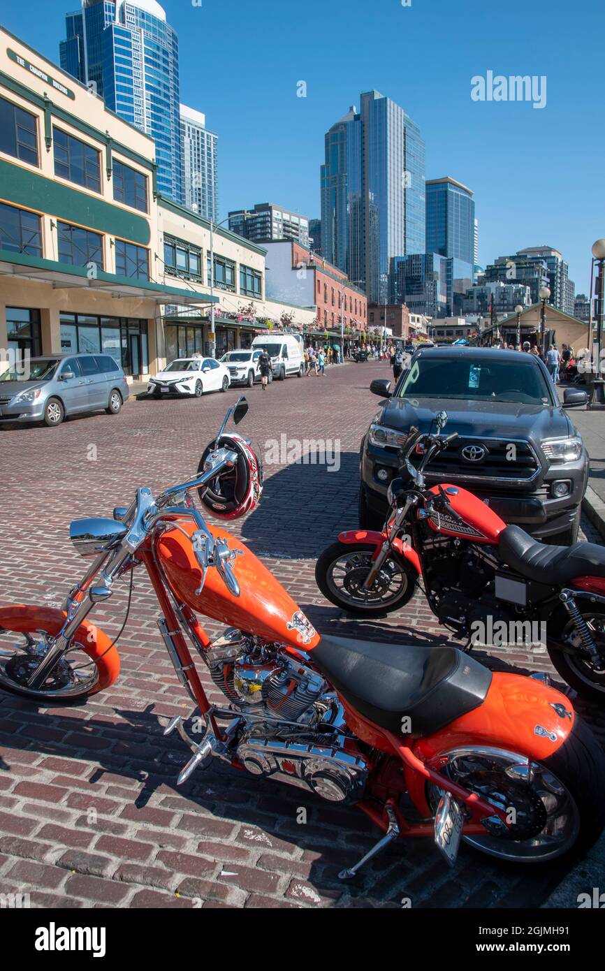 This custom motorcycle is parked near Pikes Place Market in downtown ...