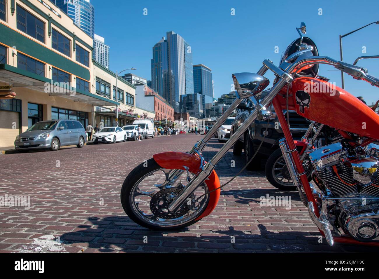 This custom motorcycle is parked near Pikes Place Market in downtown ...
