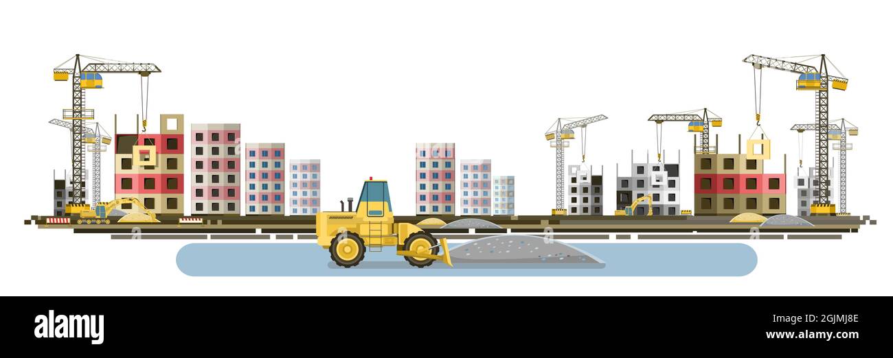Construction of new microdistrict of city. Cranes and Tractors. Modern ...
