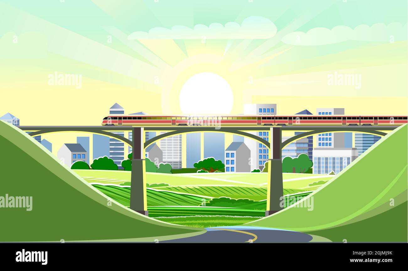 High-speed train on the bridge. Suburban transport. Sunrise. Railway ...