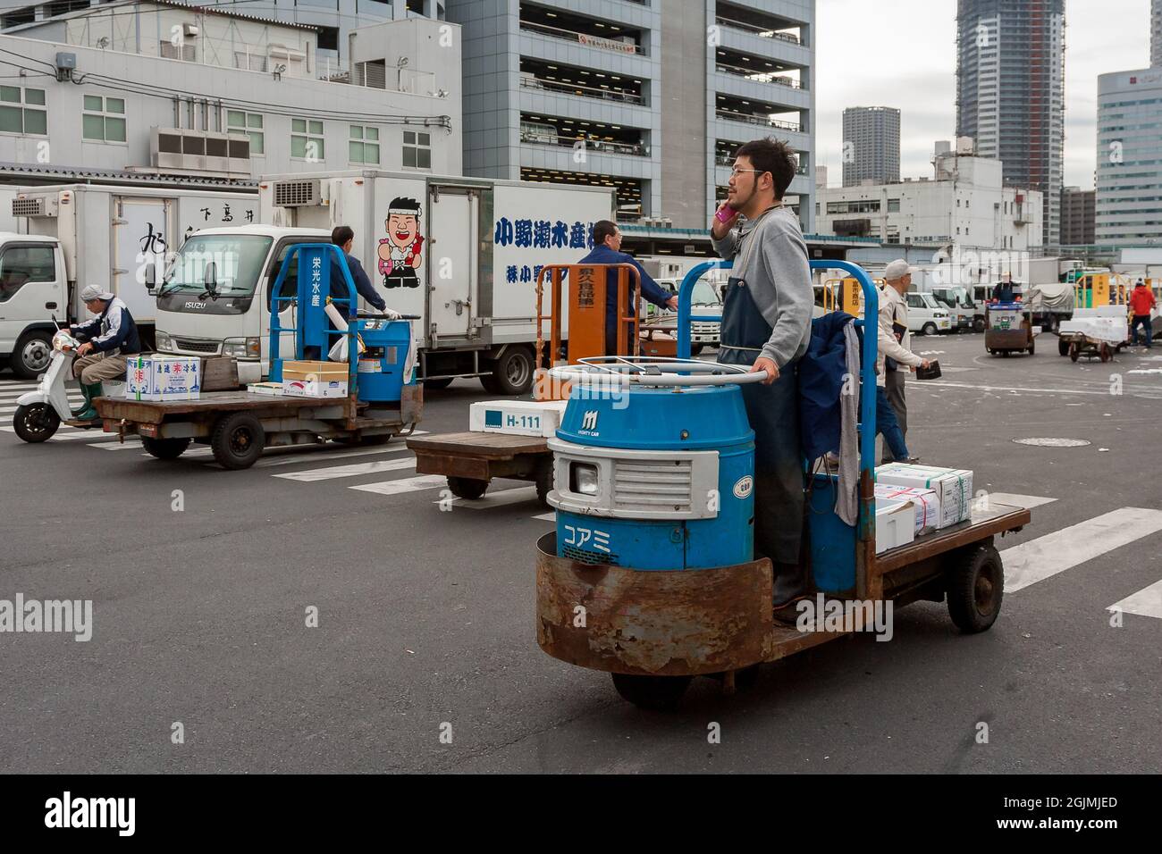 Electric carts used to transport fish that is bought and sold at in the ...