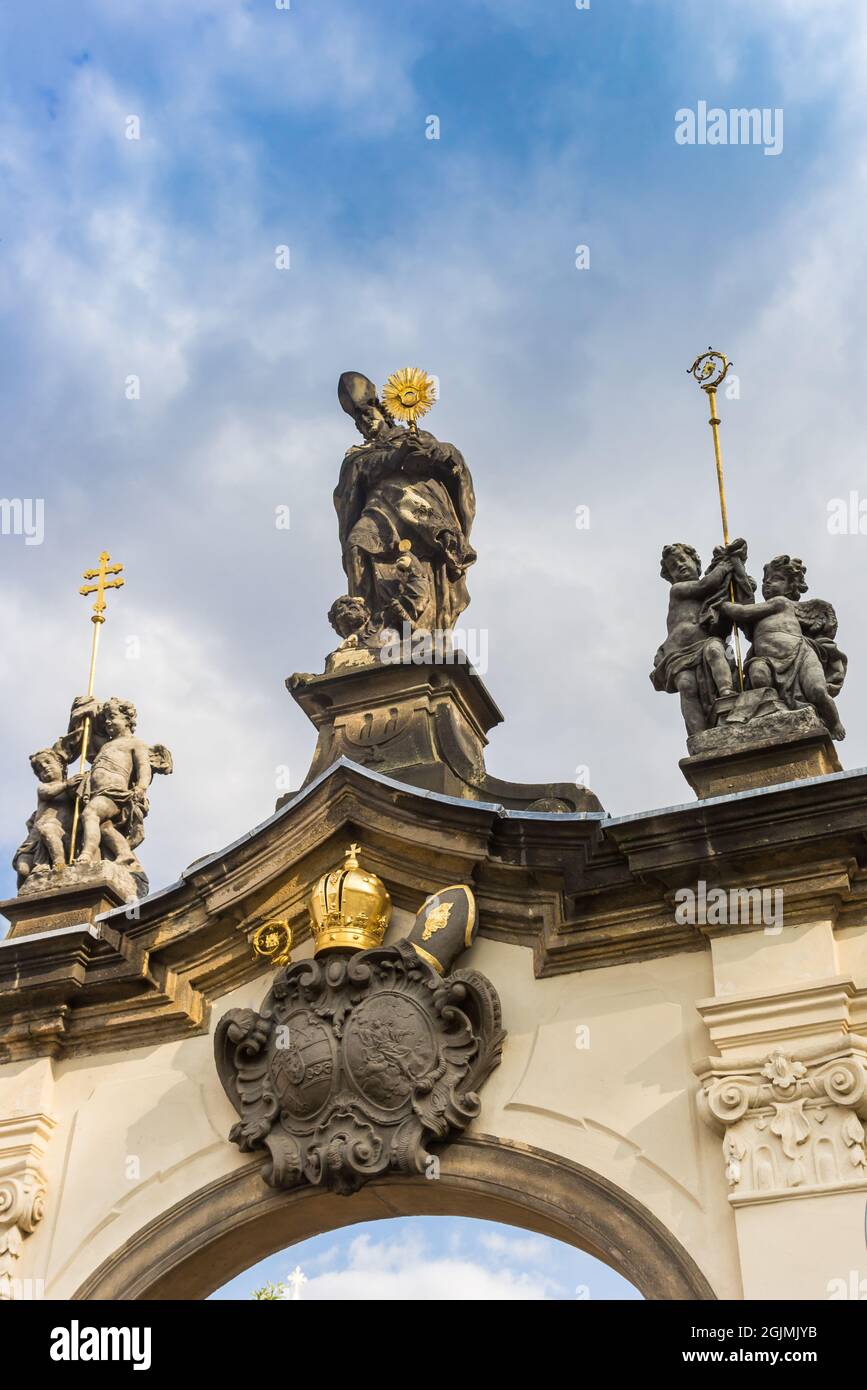 Statues on the entrance gate of the Strahov Monastery in Prague, Czech ...