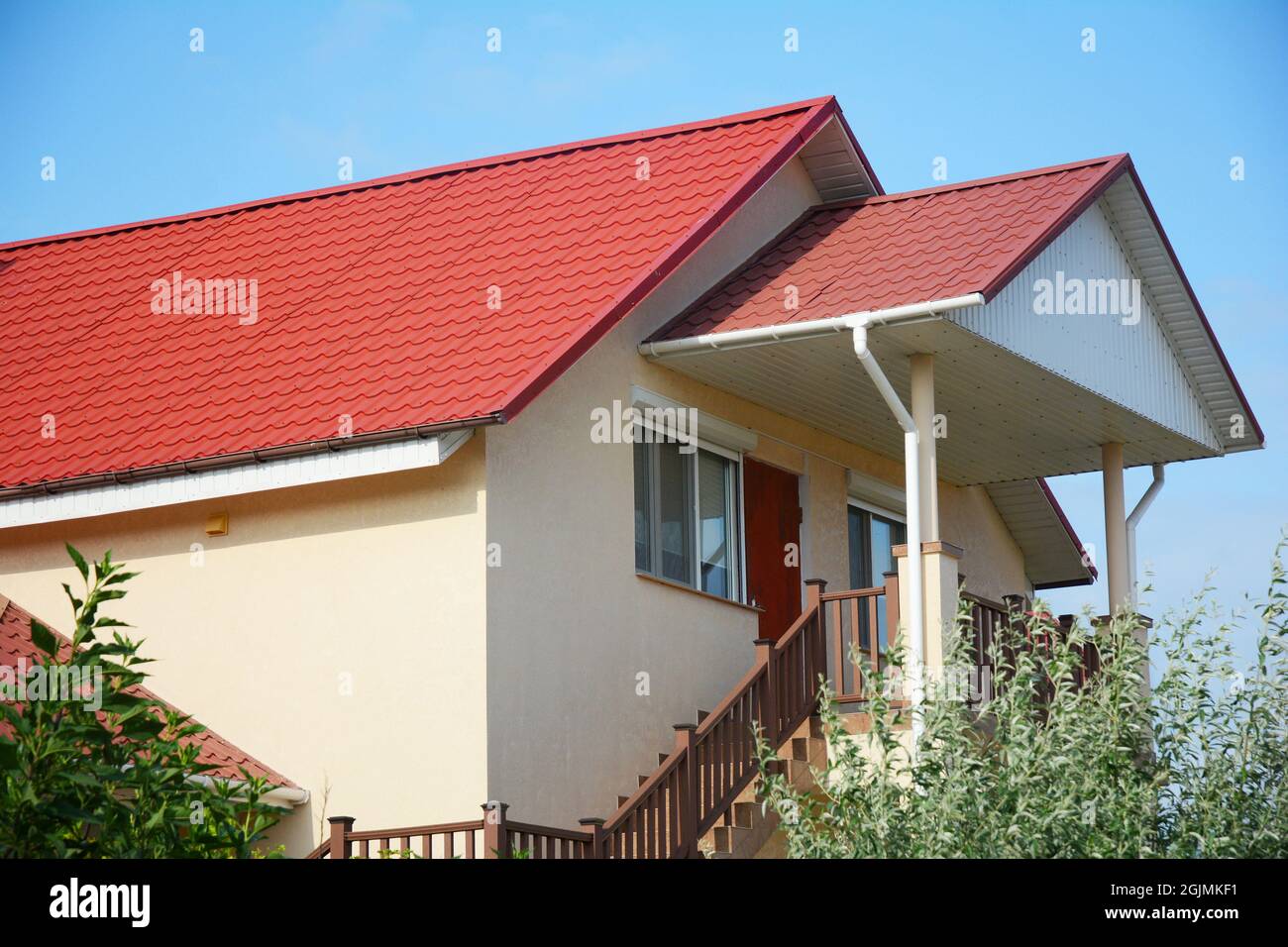 Exterior house attic stairs outdoor. House with metal roof attic stairs ...